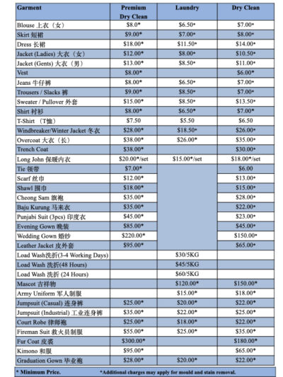 Laundry Price List Singapore - Reward Laundry